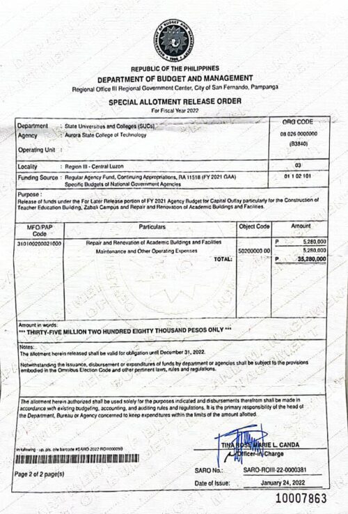 ASCOT secures 30M SARO budget from DBM for FY 2022 - Aurora State ...