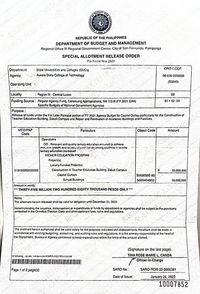 ASCOT secures 30M SARO budget from DBM for FY 2022 - Aurora State ...