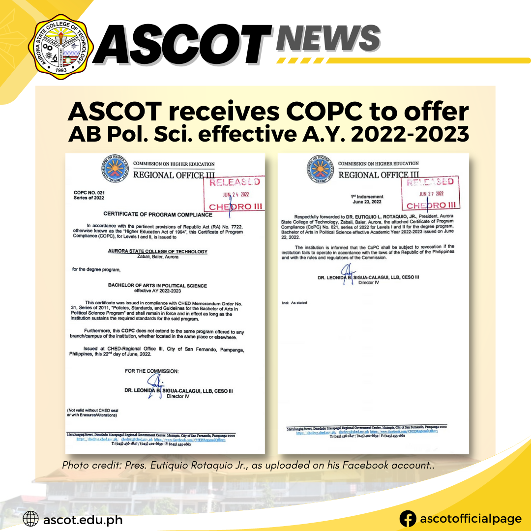 ASCOT receives COPC to offer AB Pol. Sci. effective A.Y. 2022-2023 ...
