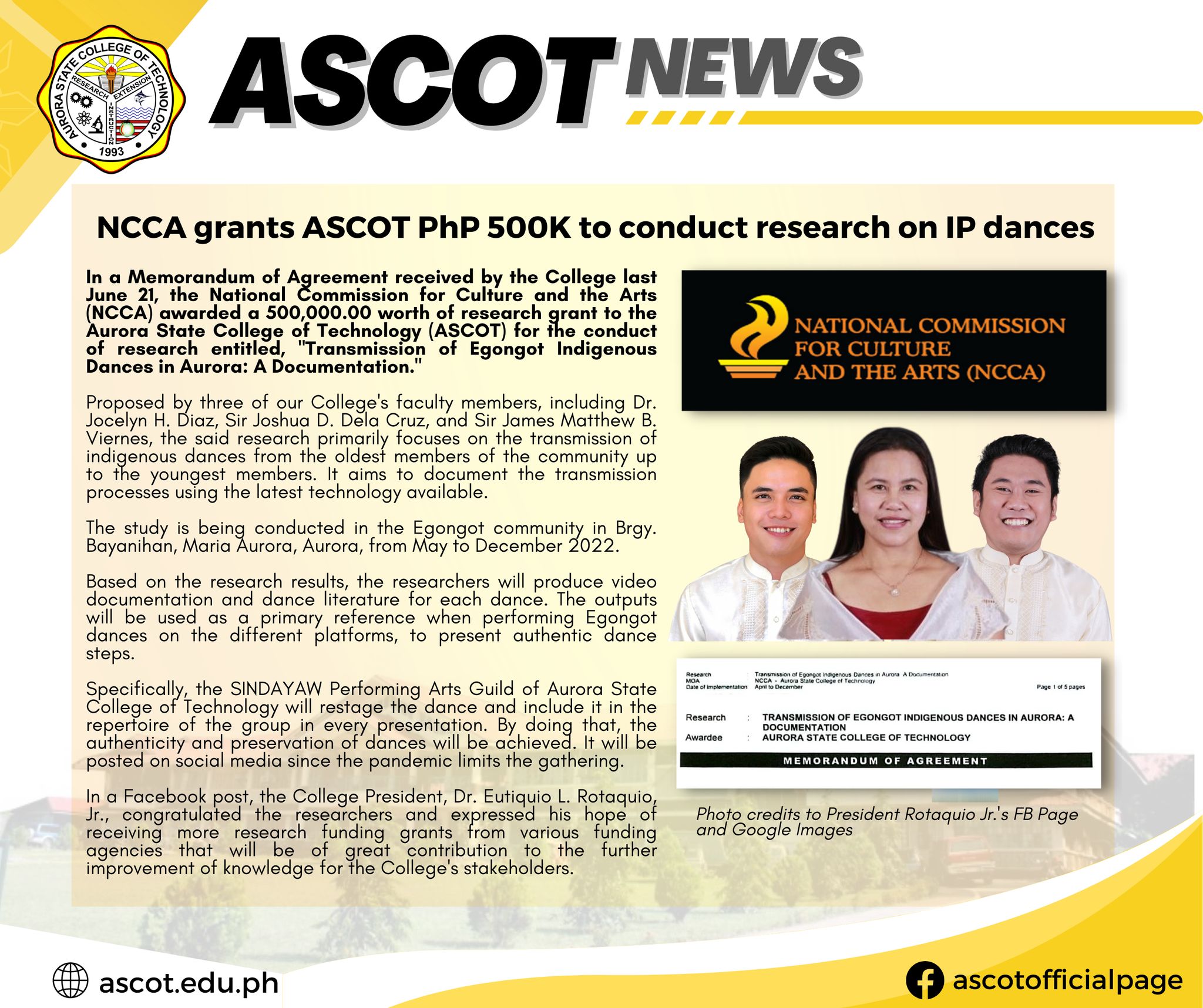 NCCA grants ASCOT PhP 500K to conduct research on IP dances - Aurora ...