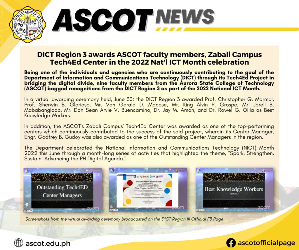 DICT Region 3 awards ASCOT faculty members, Zabali Campus Tech4Ed Center in the 2022 Nat'l ICT ...