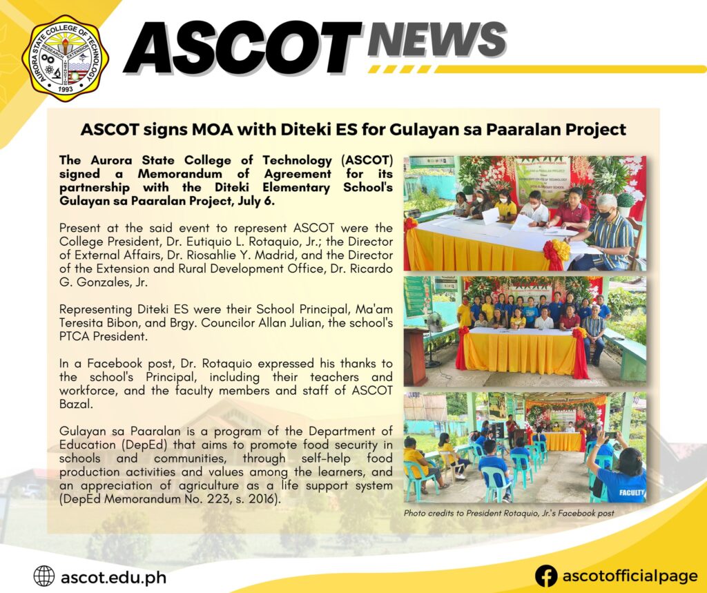 ASCOT signs MOA with Diteki ES for Gulayan sa Paaralan Project - Aurora ...