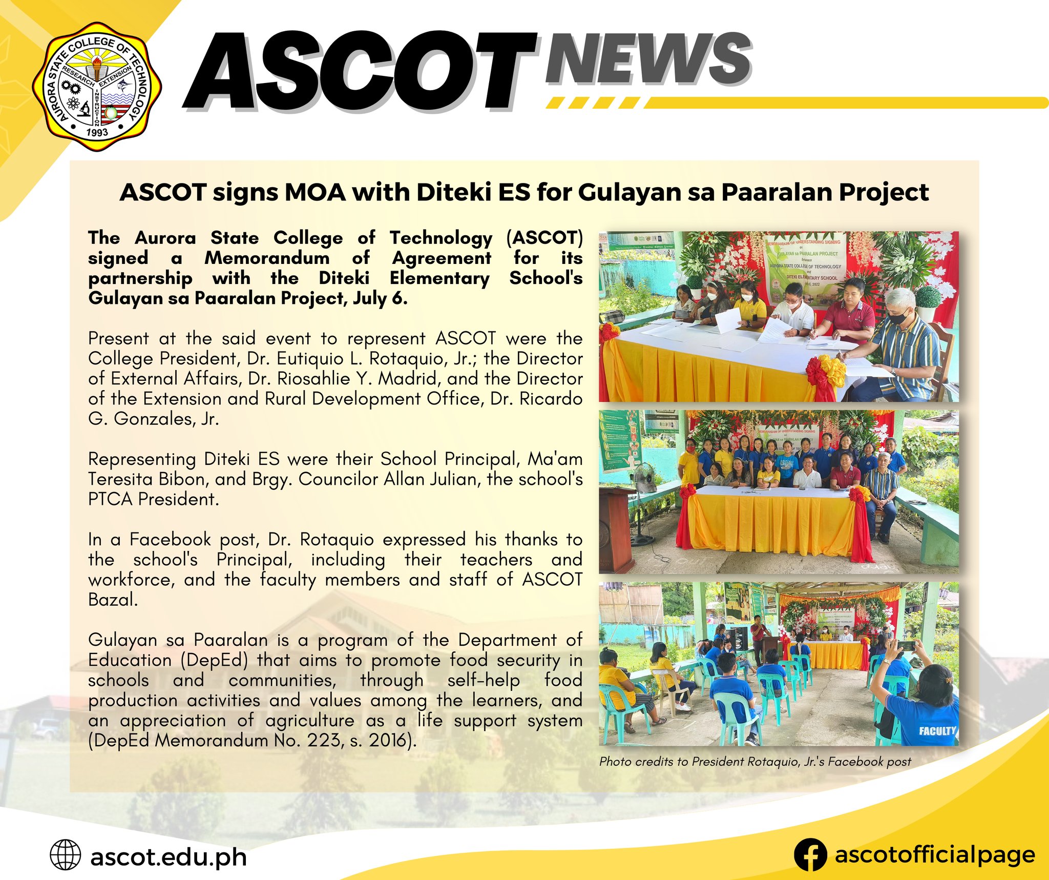 ASCOT signs MOA with Diteki ES for Gulayan sa Paaralan Project - Aurora ...